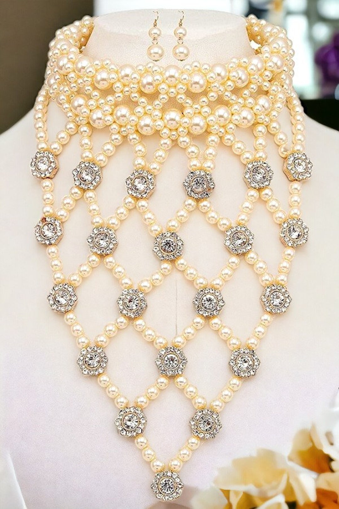 Pearl Gem Accent Net Choker Necklace Set - Etsy