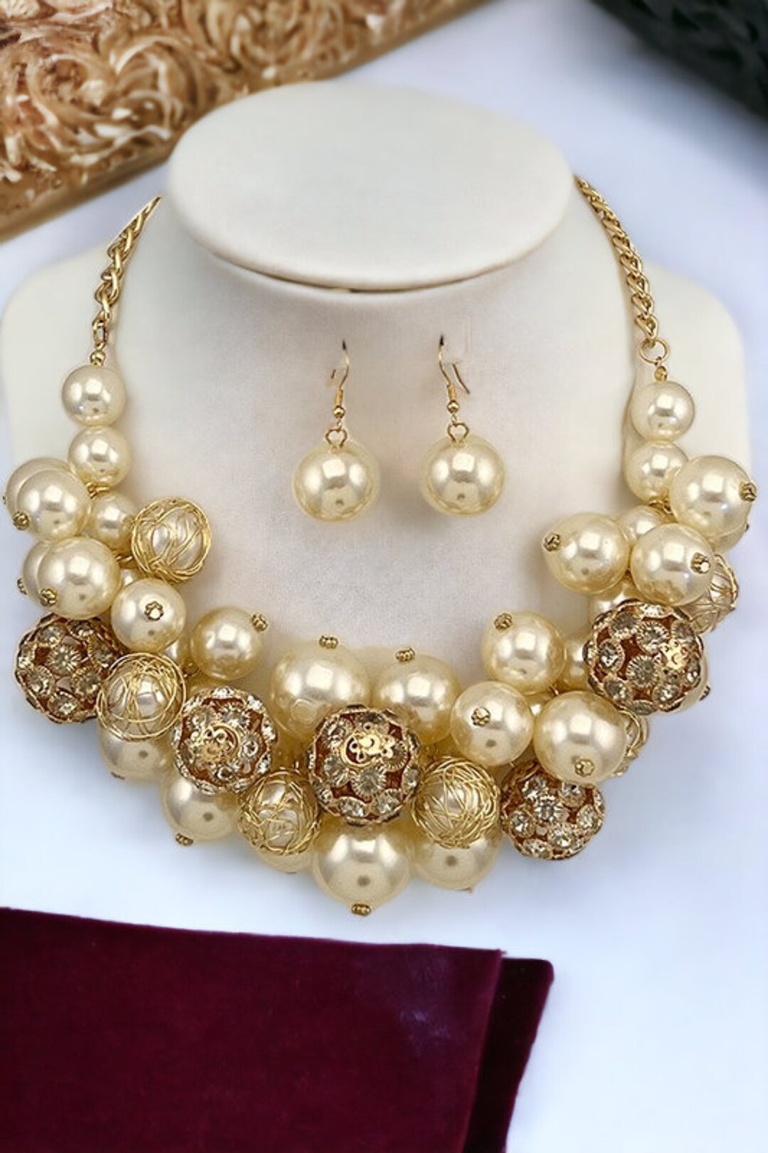 Pearl Ornate Cluster Necklace Set - Etsy
