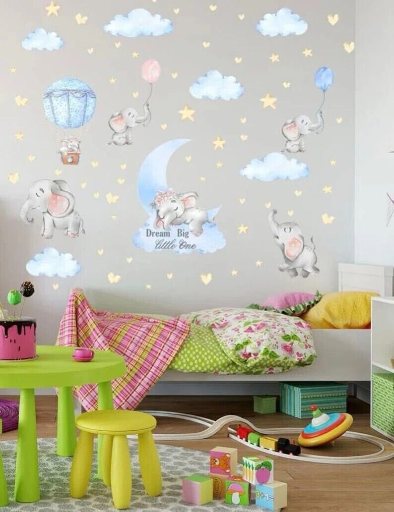 Nursery Sleeping Elephant Themed Wall Stickers/wall Decor/kids Bedroom ...