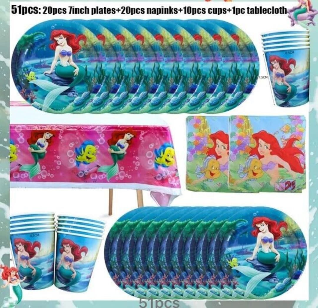LITTLE MERMAID ARIEL 51 Piece Birthday Tableware Set Plates Cups Party ...