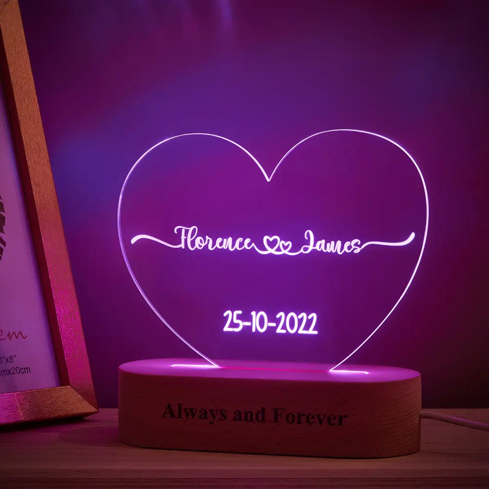 Heart Shaped Acrylic Plaque Personalized Name and Date Night Light - Etsy