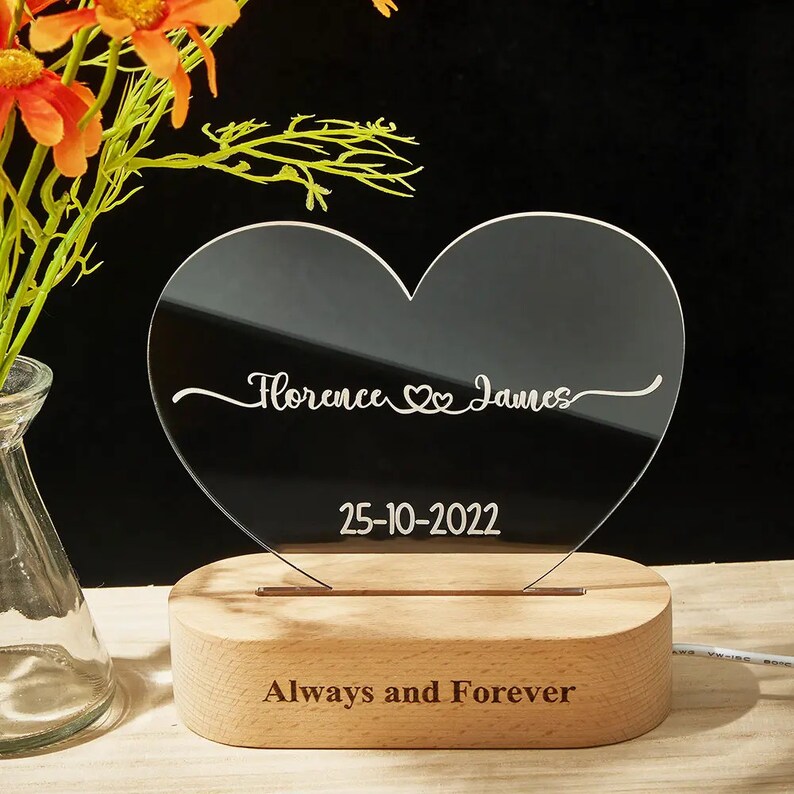Heart Shaped Acrylic Plaque Personalized Name and Date Night Light - Etsy