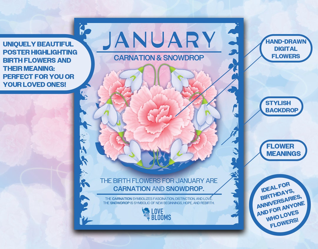 January Birth Flower Digital Print Carnation & Snowdrop Birth Month ...