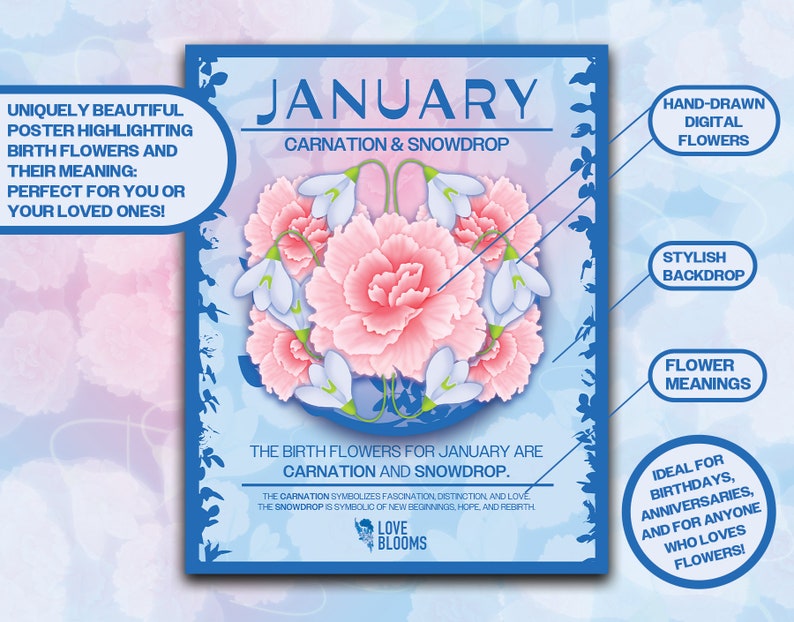 January Birth Flower Digital Print Carnation & Snowdrop Birth Month ...