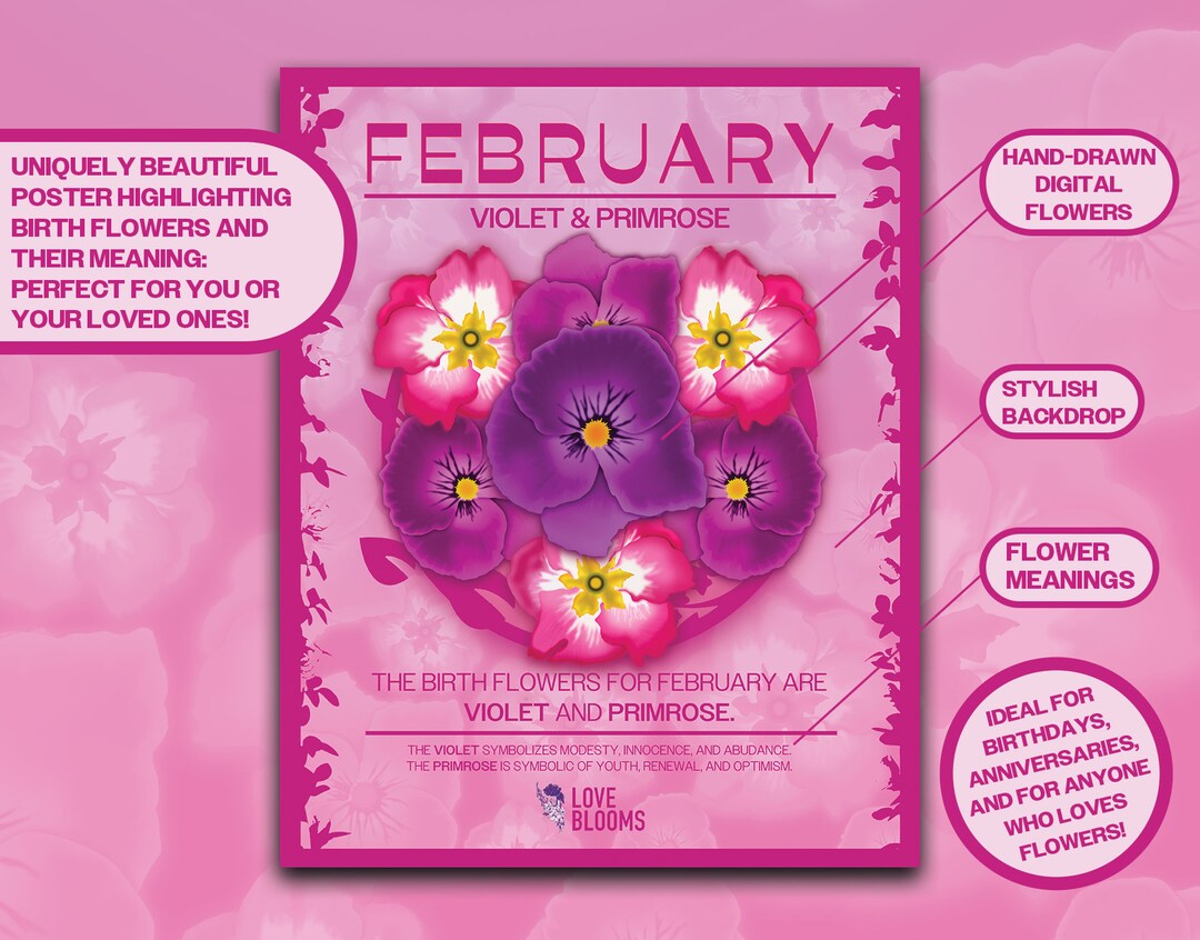 February Birth Flower Digital Print Violet & Primrose - Etsy