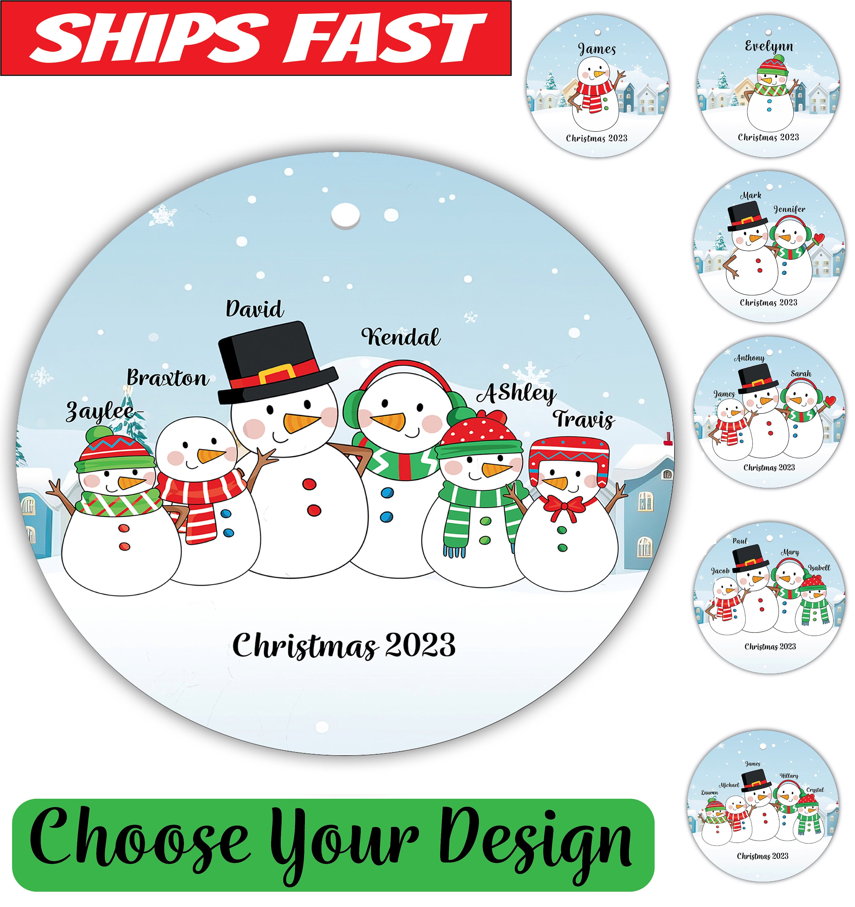 Personalized Snowmen Family Ornament 4inch Circle Choose up to 6 ...
