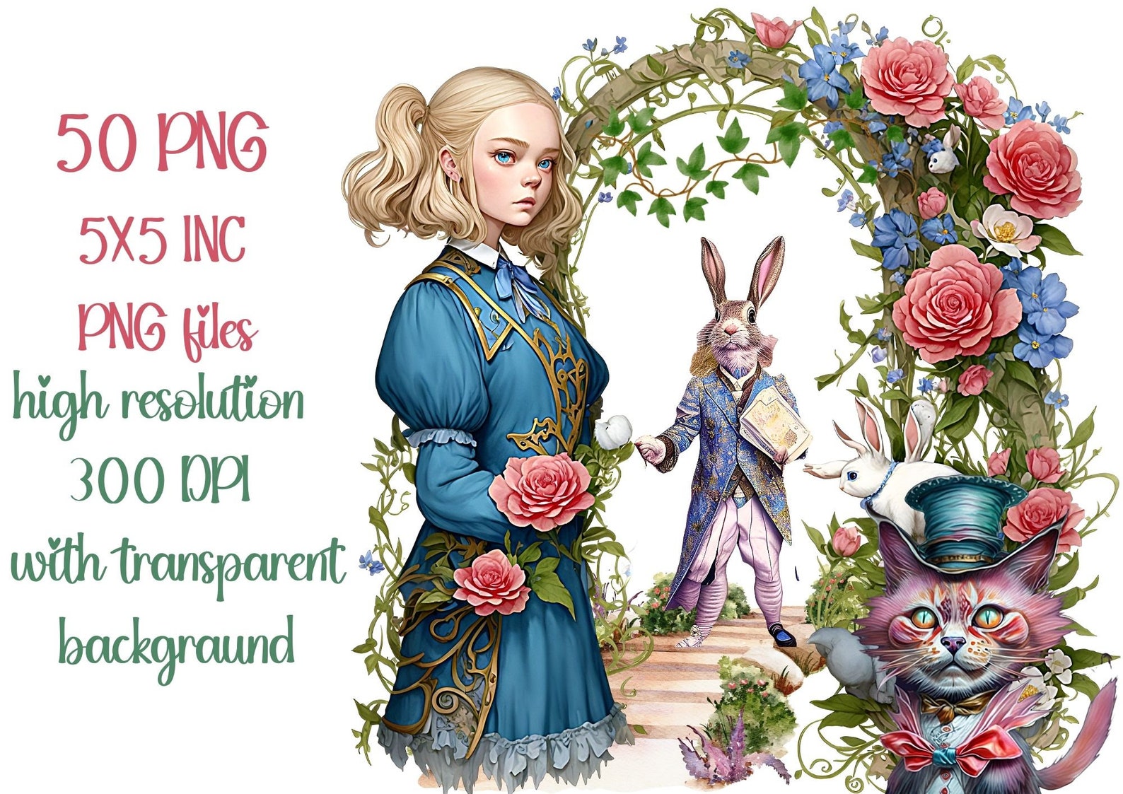 50 PNG Watercolor Alice in Wonderland Clipart, Fairytale Clipart, Alice ...