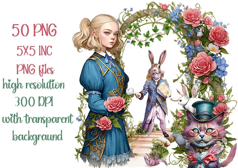 50 PNG Watercolor Alice in Wonderland Clipart, Fairytale Clipart, Alice ...