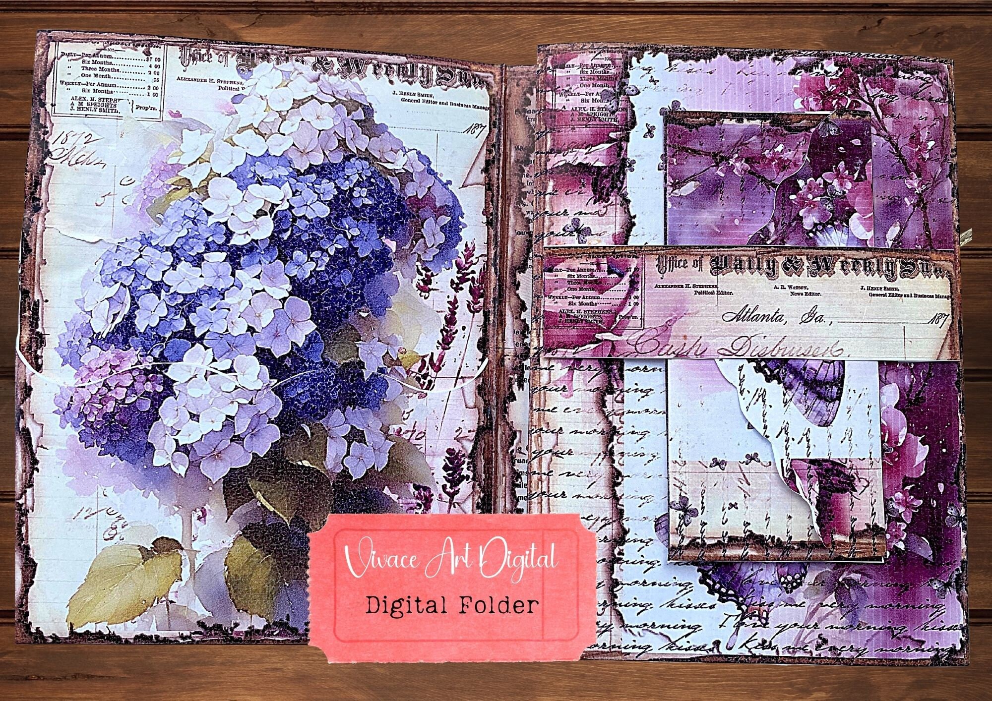 Hydrangea Watercolor Junk Journal Kit, Vintage Ephemera, Floral Papers ...