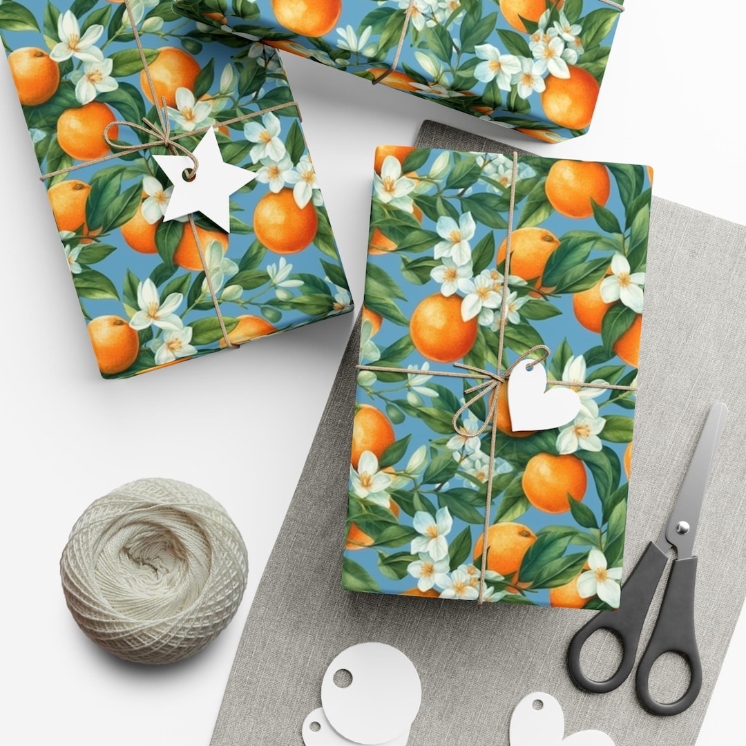 Wrapping Paper, Orange and Orange Blossom Design - Gift Wrap Sheets ...