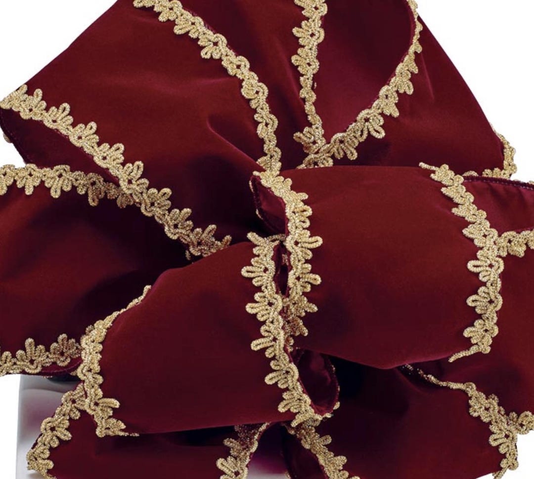 Dark Red Velvet Ribbon With Gold Trim - 4" Wide X 10 Yards #100 Bow ...