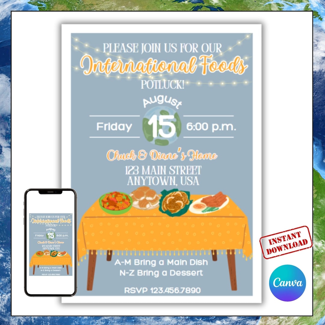International Food Potluck Invitation Template, Multicultural Food ...