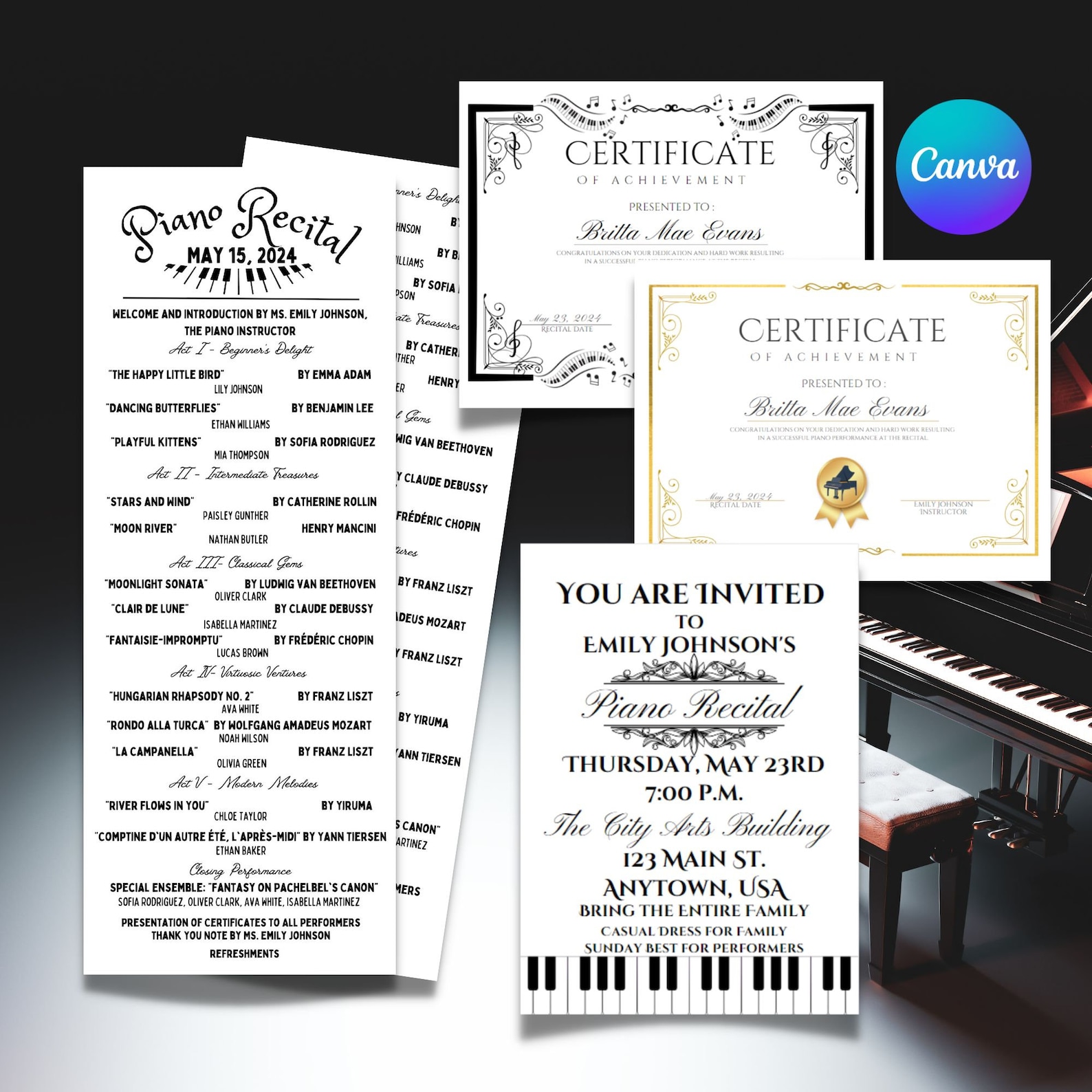 Piano Recital Program Template Bundle Music Recital Certificate of ...