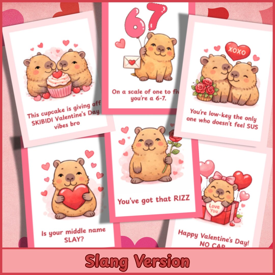 Slang Capybara Valentines, Trendy Capy Classroom Cards, School ...