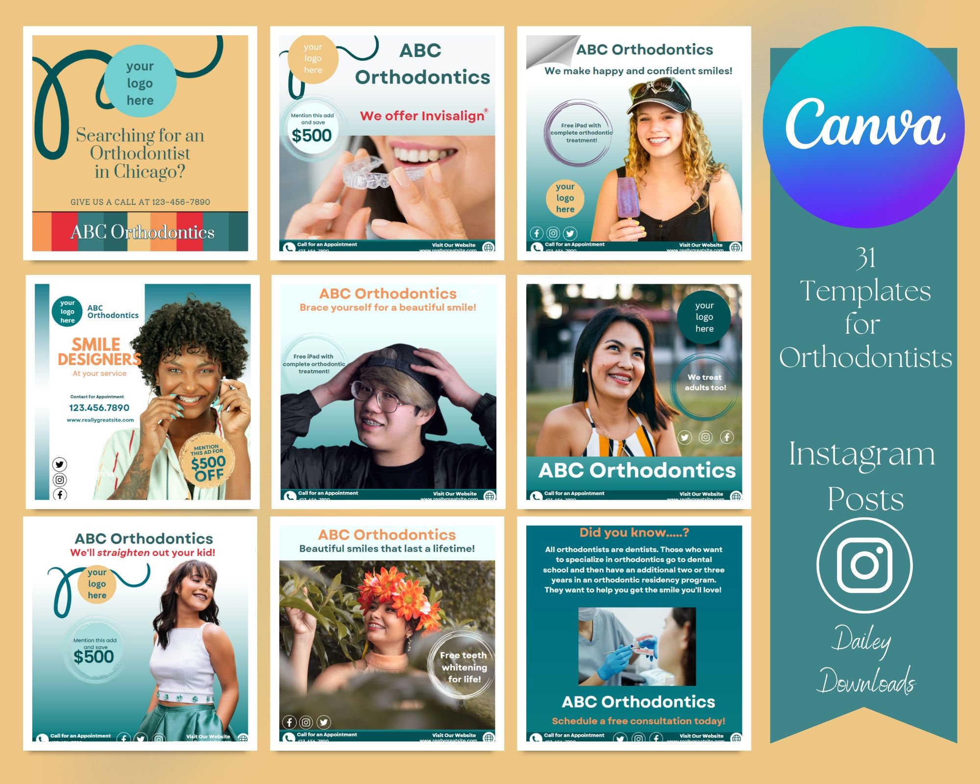 Dental Braces Orthodontist Templates for Instagram | 31 Customizable ...