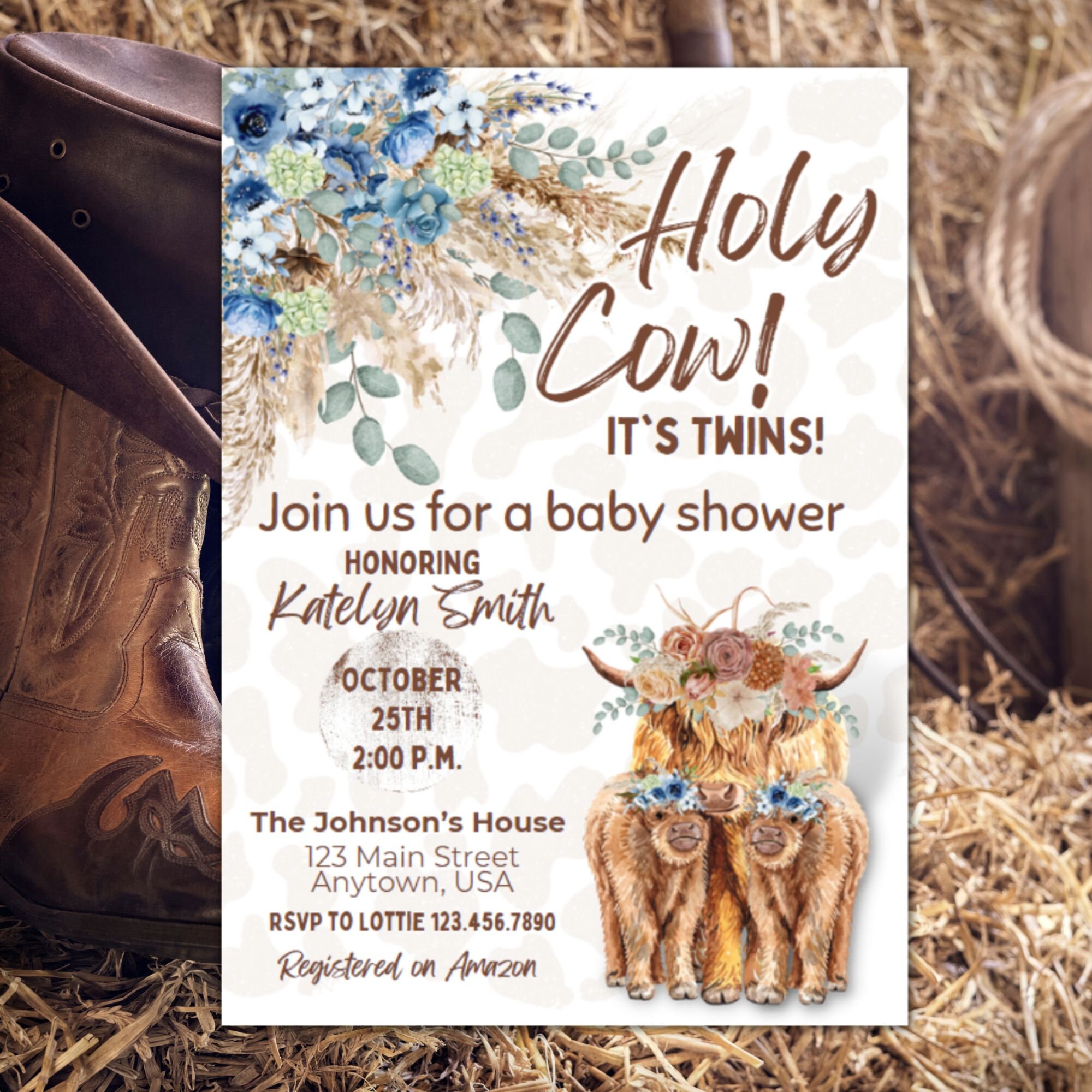 Twin Boys Cow Themed Baby Shower Invitation | Highland Cow Baby Shower ...