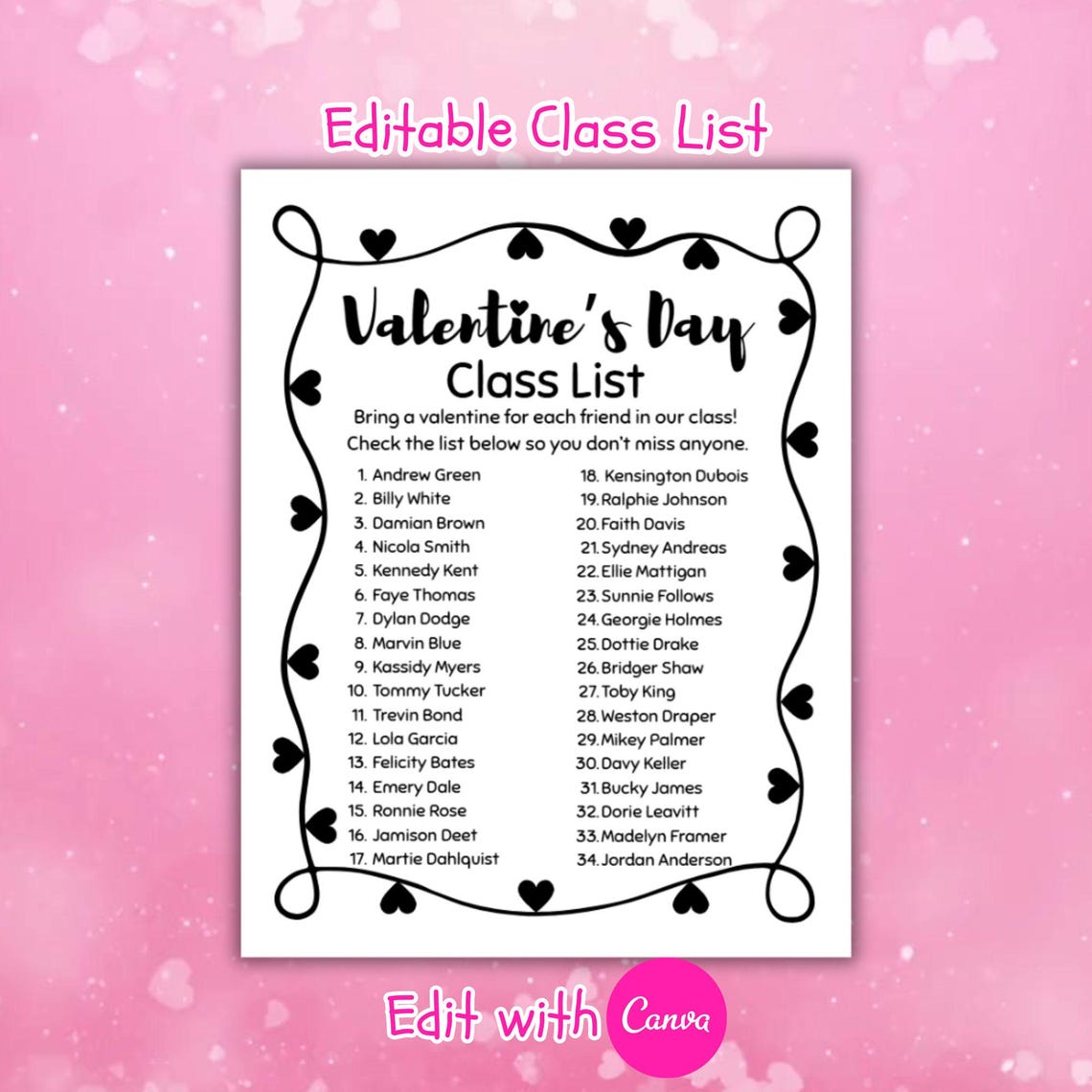 Valentine's Day Student List Template | List for Class Party | Editable ...
