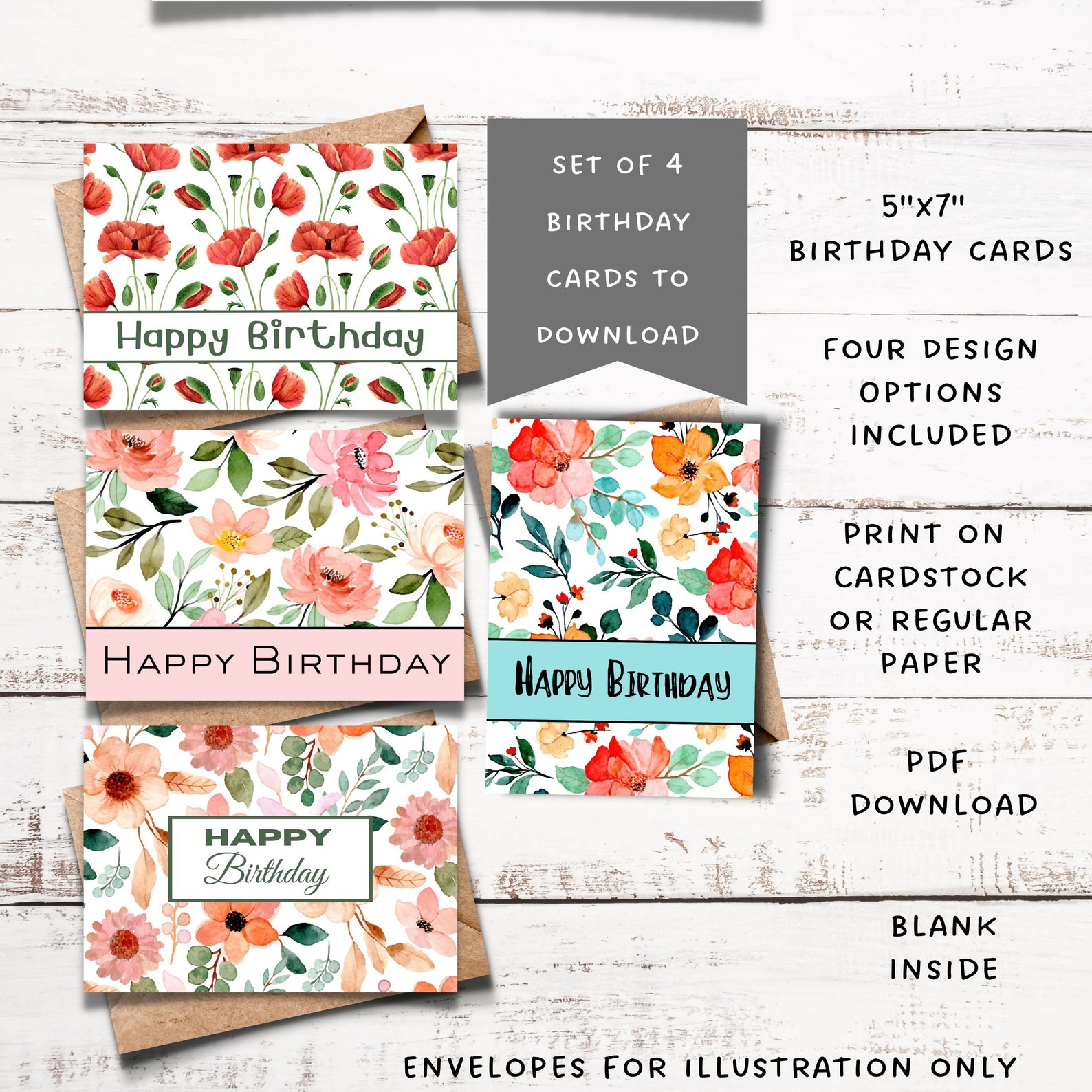 Floral Birthday Card Set Printable Birthday Card Birthday - Etsy