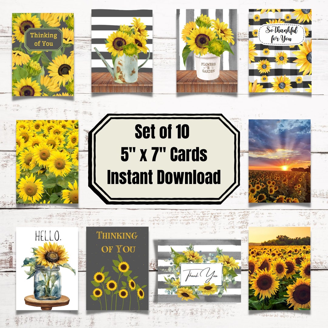 Watercolor Sunflower Card Set, Printable 5x7 Greeting Cards (digital ...