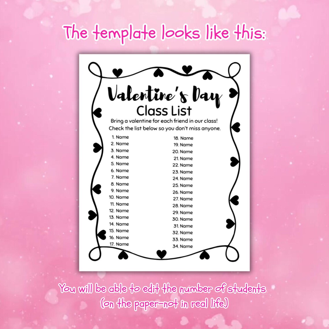 Valentine's Day Student List Template | List for Class Party | Editable ...