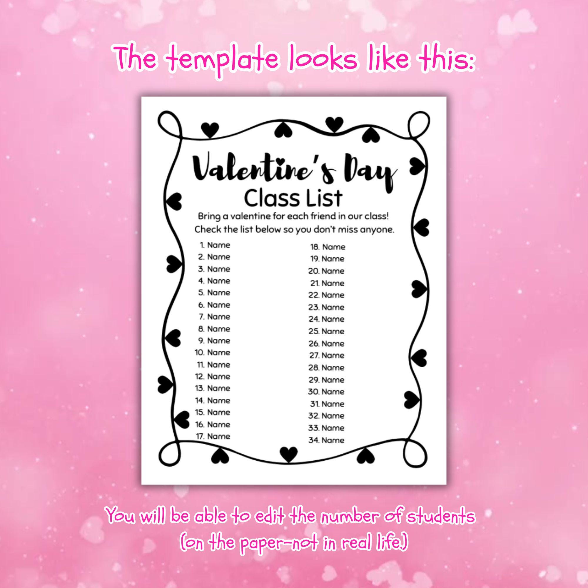 Valentine's Day Student List Template | List for Class Party | Editable ...