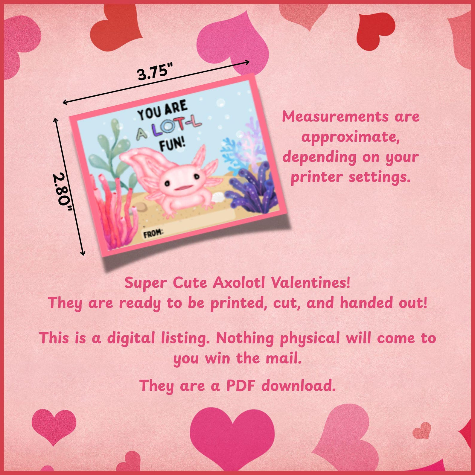 Axolotl Valentines, Cute Printable Axolotl Valentine Cards for School ...