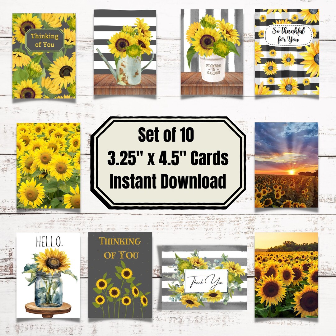 Sunflower Card Set, Printable Watercolor Sunflower Cards, Gift Tags ...