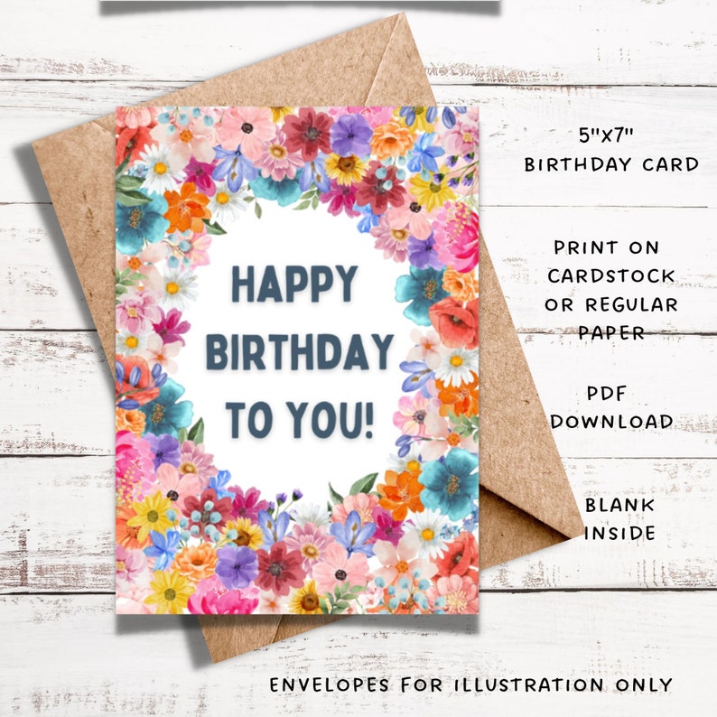 Floral Birthday Card, Printable Birthday Card, Birthday Card With ...