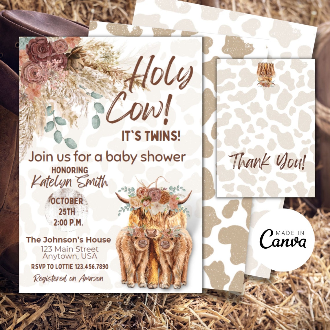 Twin Cow Themed Baby Shower Invitation Highland Cow Baby Shower Invite ...