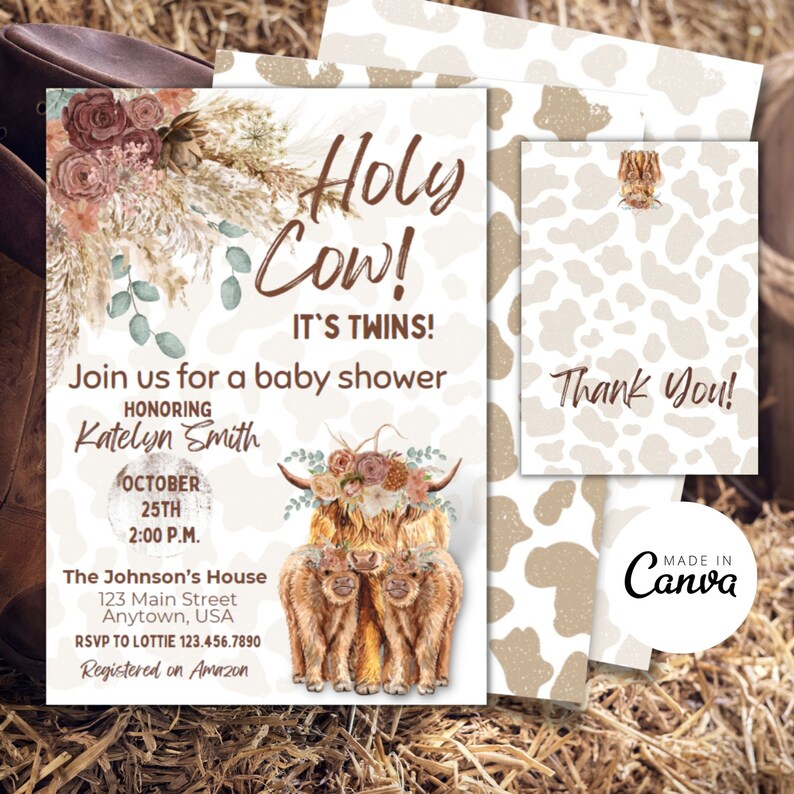 Twin Cow Themed Baby Shower Invitation | Highland Cow Baby Shower ...