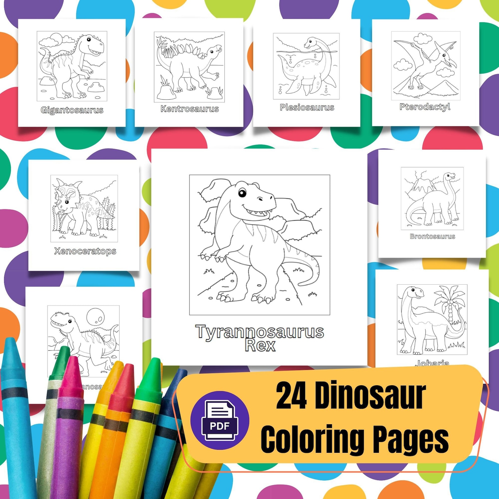Dinosaur Coloring Pages | Set of 24 Dino Coloring Pages | .PDF Download ...