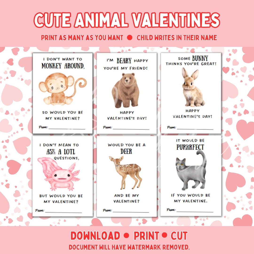 Printable Animal Valentines, Axolotl Bear Cat Bunny Monkey Deer ...