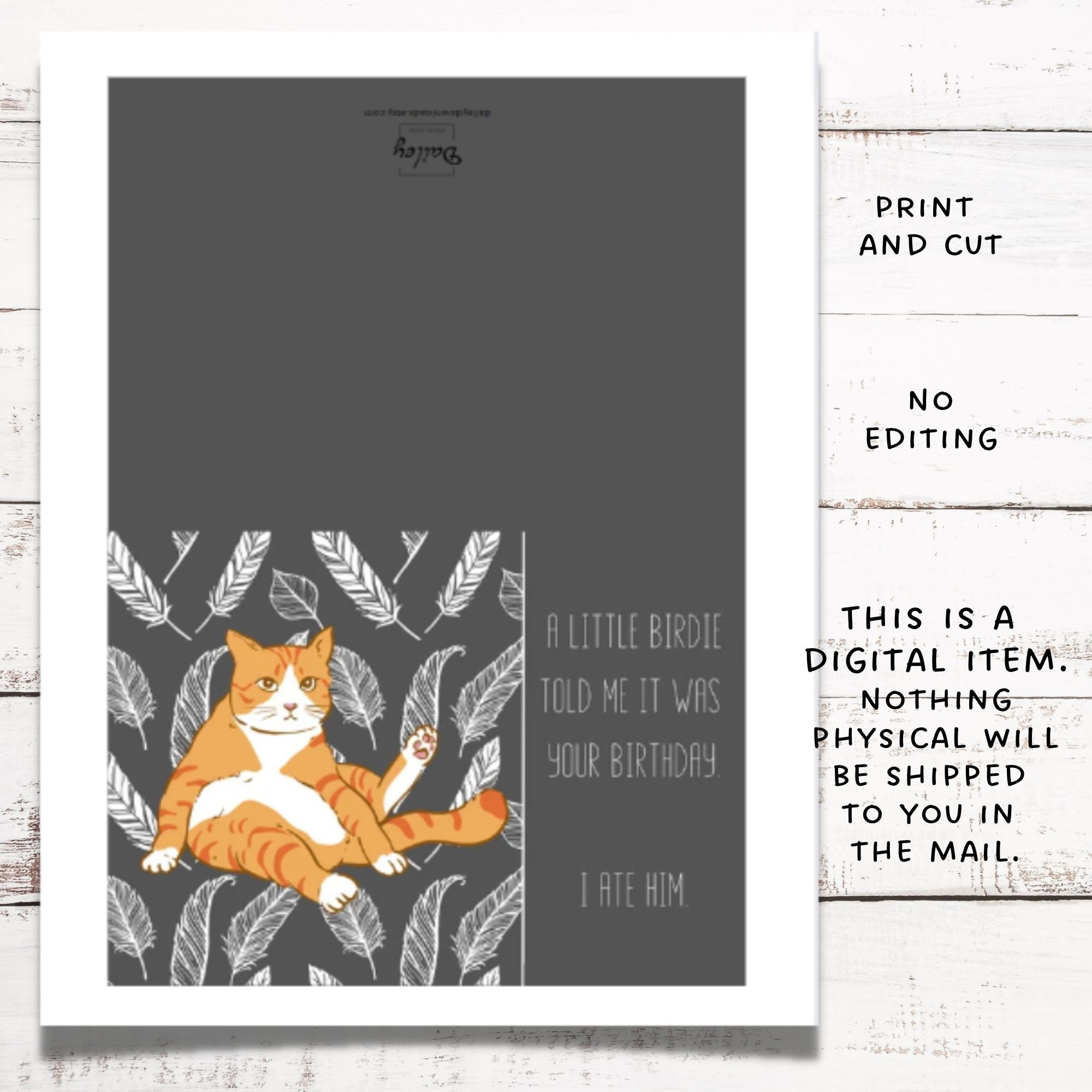 Cat Birthday Card, Instant Printable Kitty Cat Card, Funny Cat Birthday ...