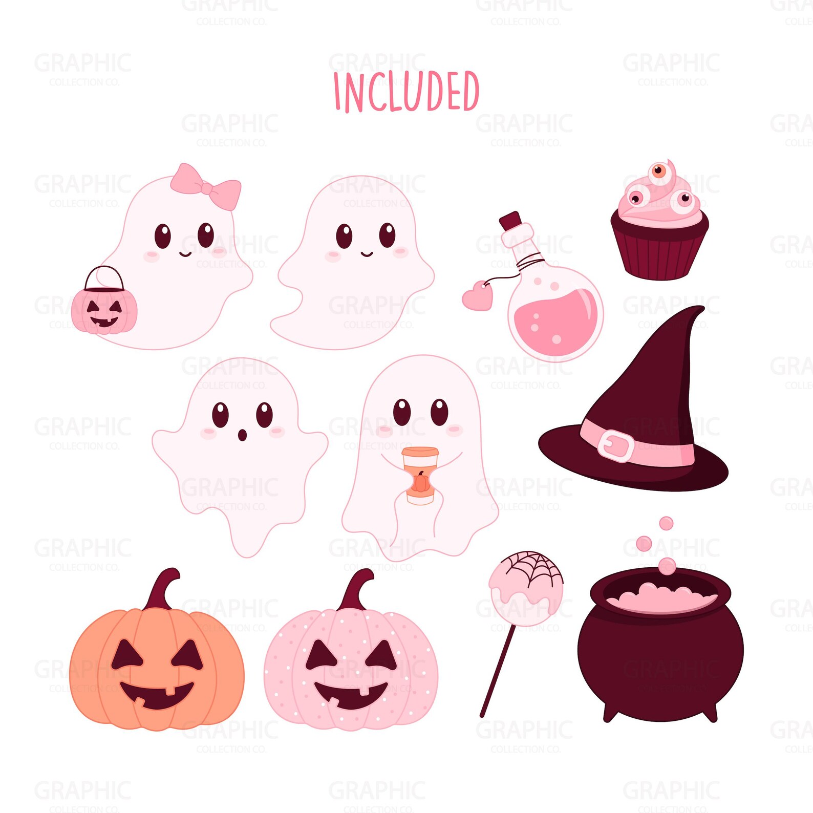 Pink Halloween Clipart Bundle, PNG, SVG, EPS, Vector Art, Girly, Cute ...