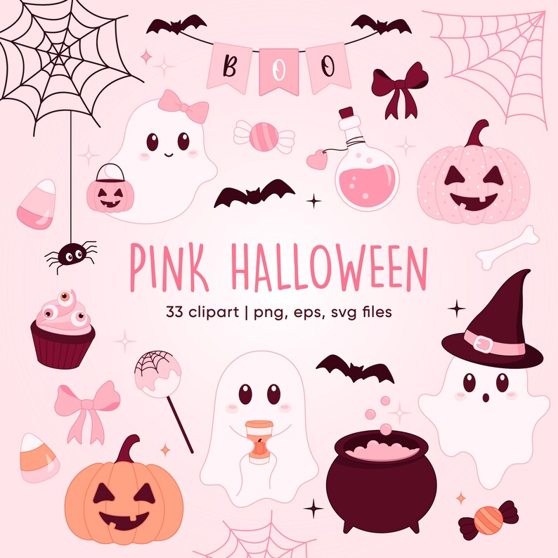Pink Halloween Clipart Bundle, PNG, SVG, EPS, Vector Art, Girly, Cute ...