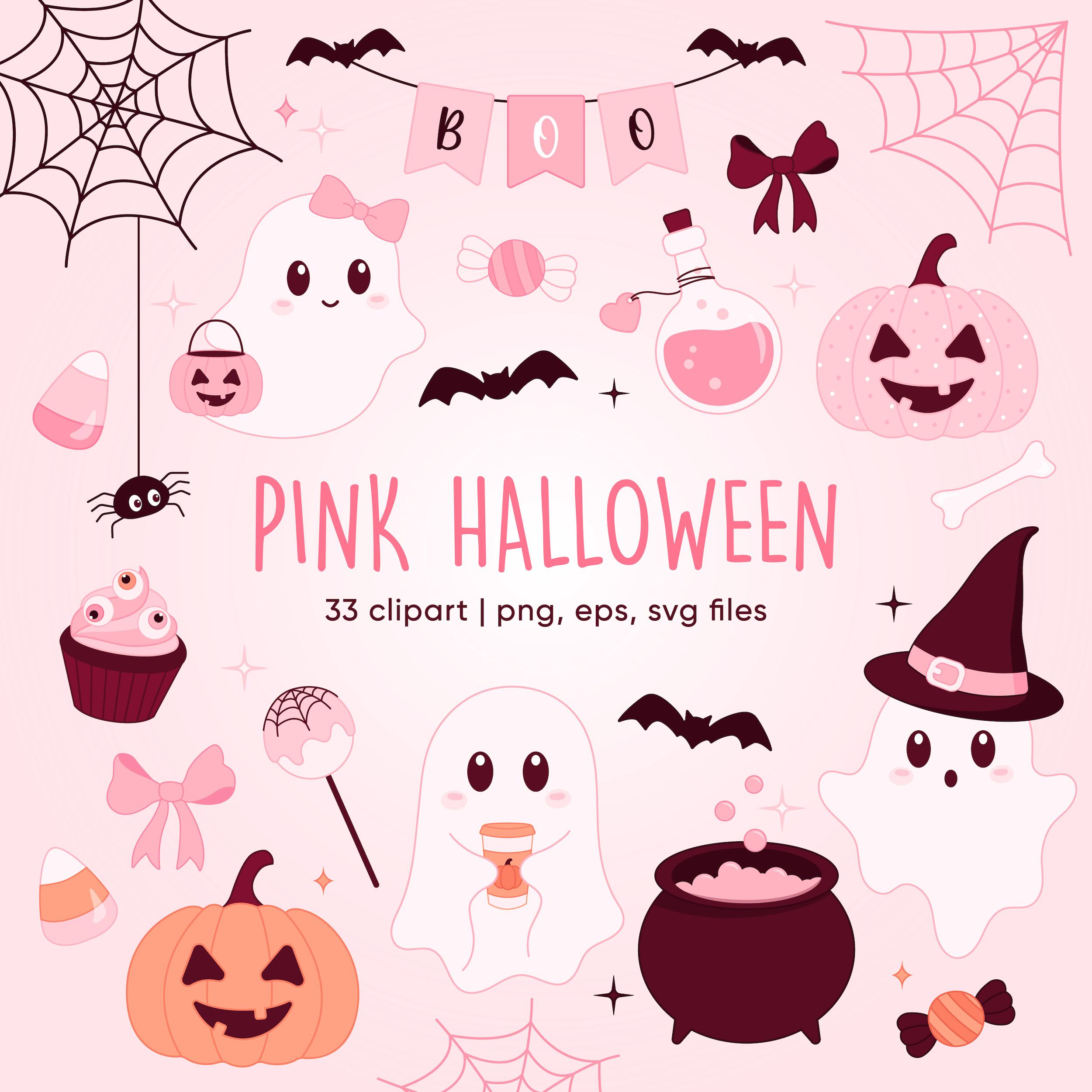 Pink Halloween Clipart Bundle, PNG, SVG, EPS, Vector Art, Girly, Cute ...