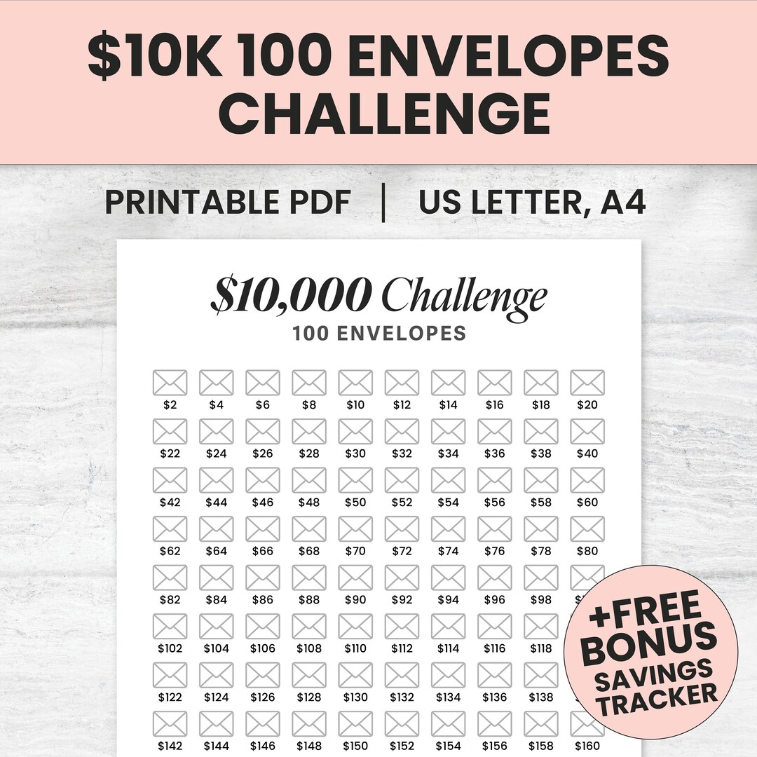 10K 100 Envelope Challenge Printable, Money Savings Challenge, Savings Tracker, Savings Goal, US ...