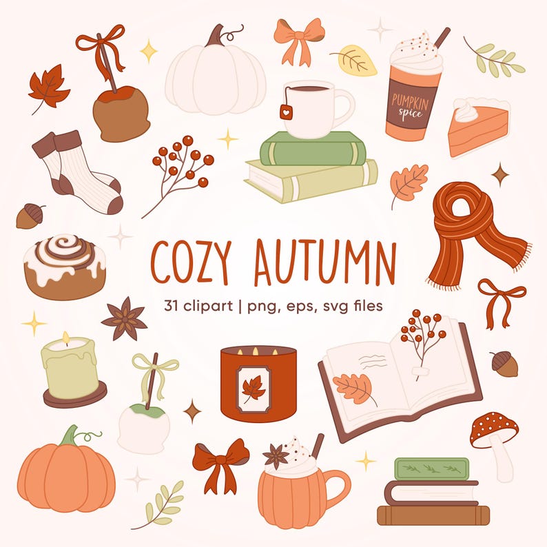 Cozy Autumn Fall Clipart Bundle, PNG, SVG, EPS, Vector Art, Cute ...