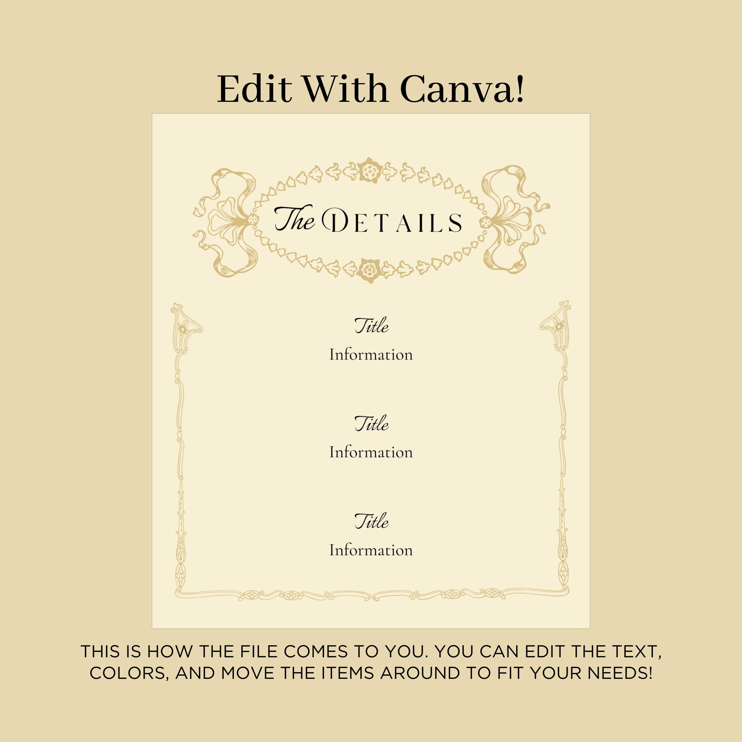 Vintage Wedding Details Card | Printable Wedding Information Insert ...