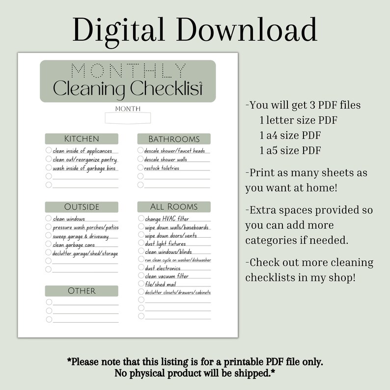 Printable Monthly Cleaning Checklist | Monthly Cleaning Schedule ...