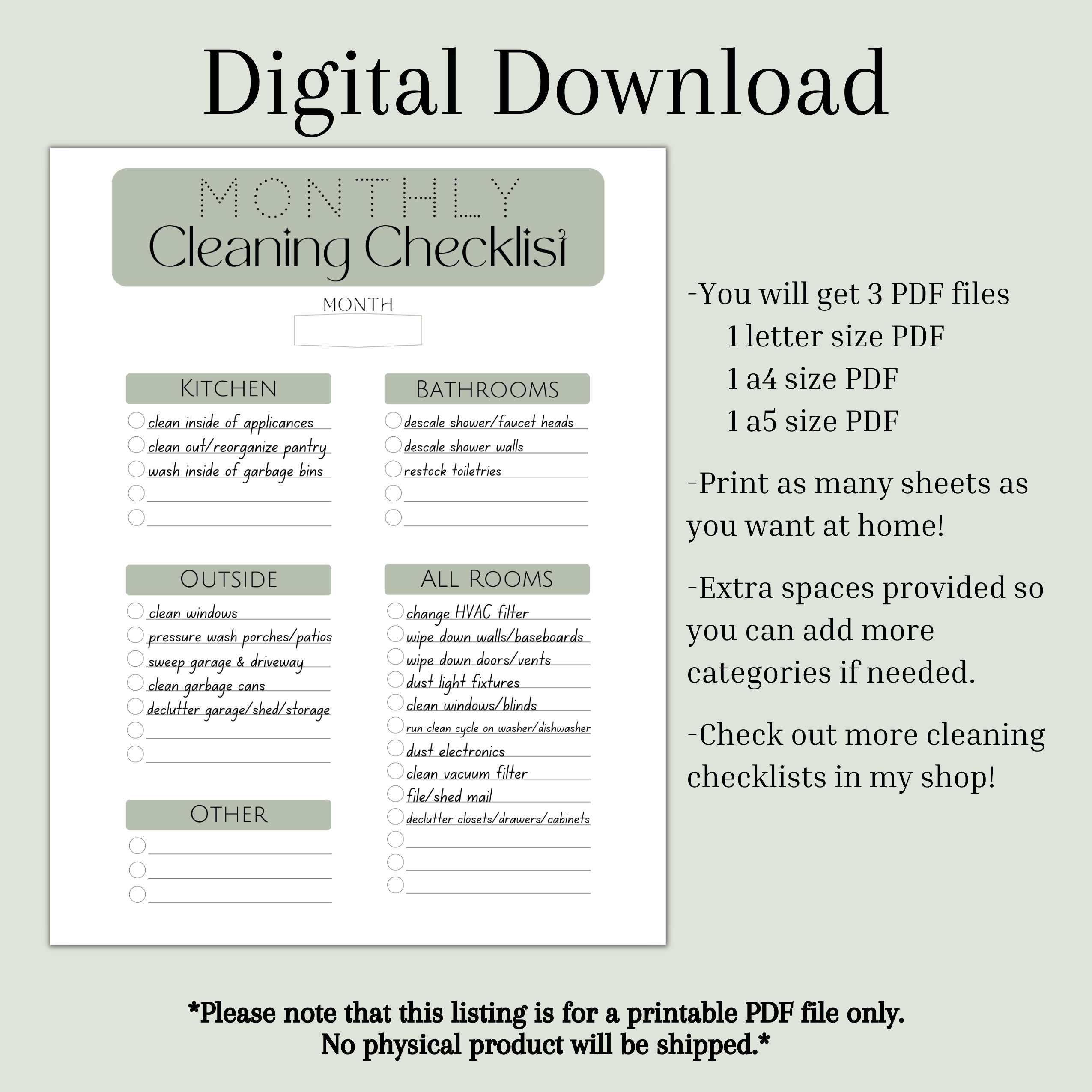 Printable Monthly Cleaning Checklist Monthly Cleaning Schedule Digital ...
