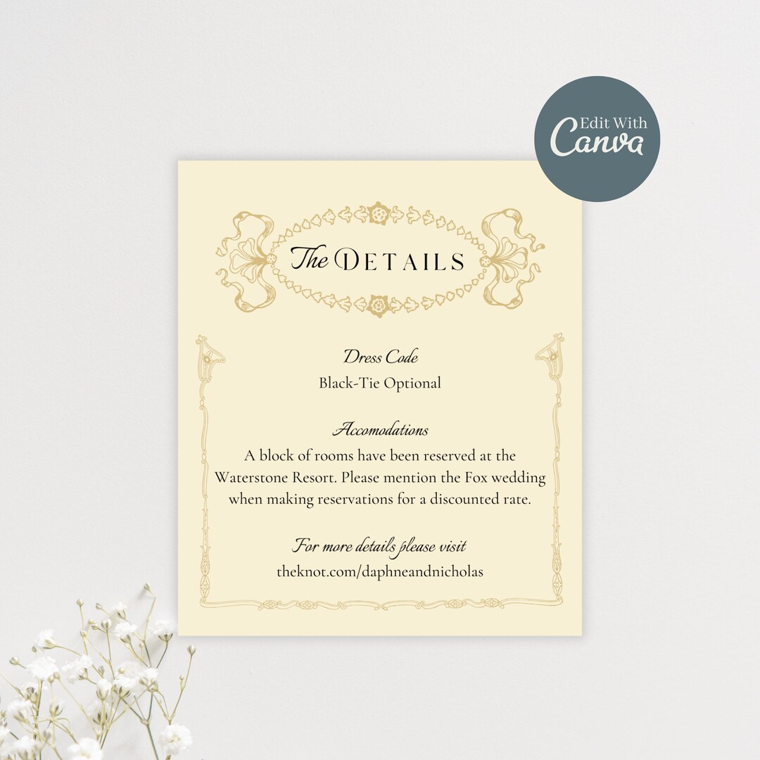Vintage Wedding Details Card | Printable Wedding Information Insert ...