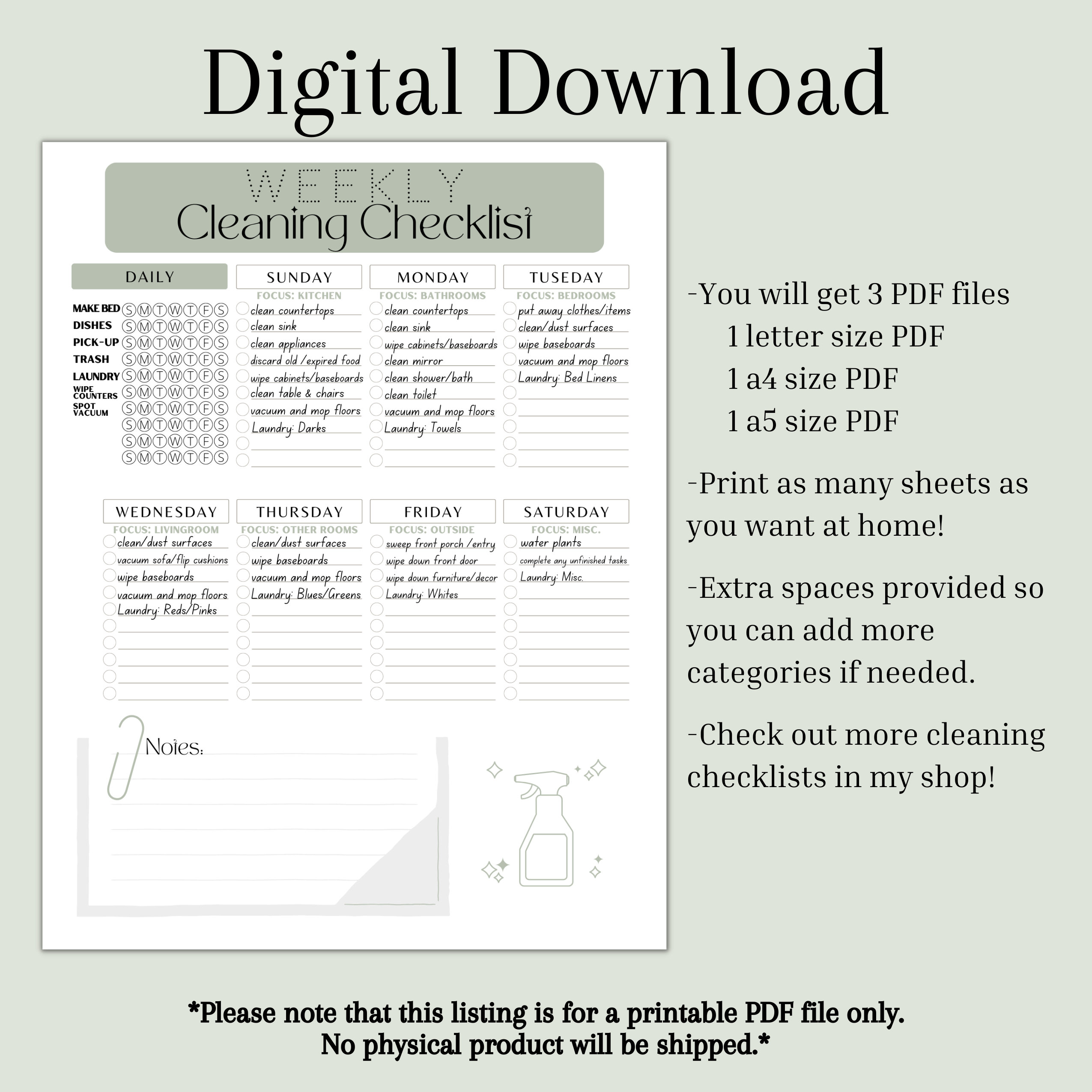 Printable Weekly Cleaning Checklist | Weekly Cleaning Schedule ...