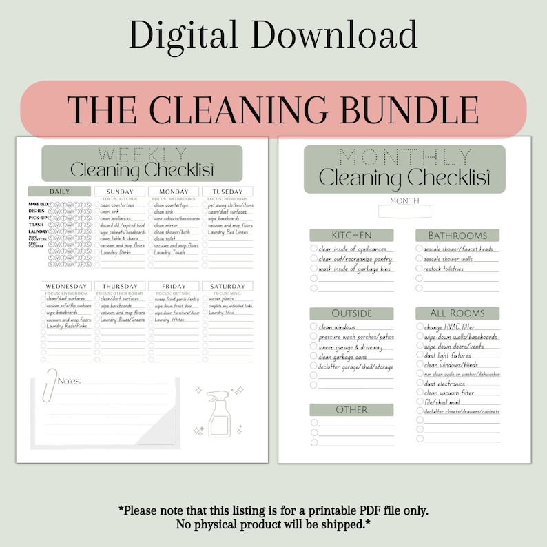 Printable Cleaning Checklist Bundle | Monthly & Weekly Cleaning ...