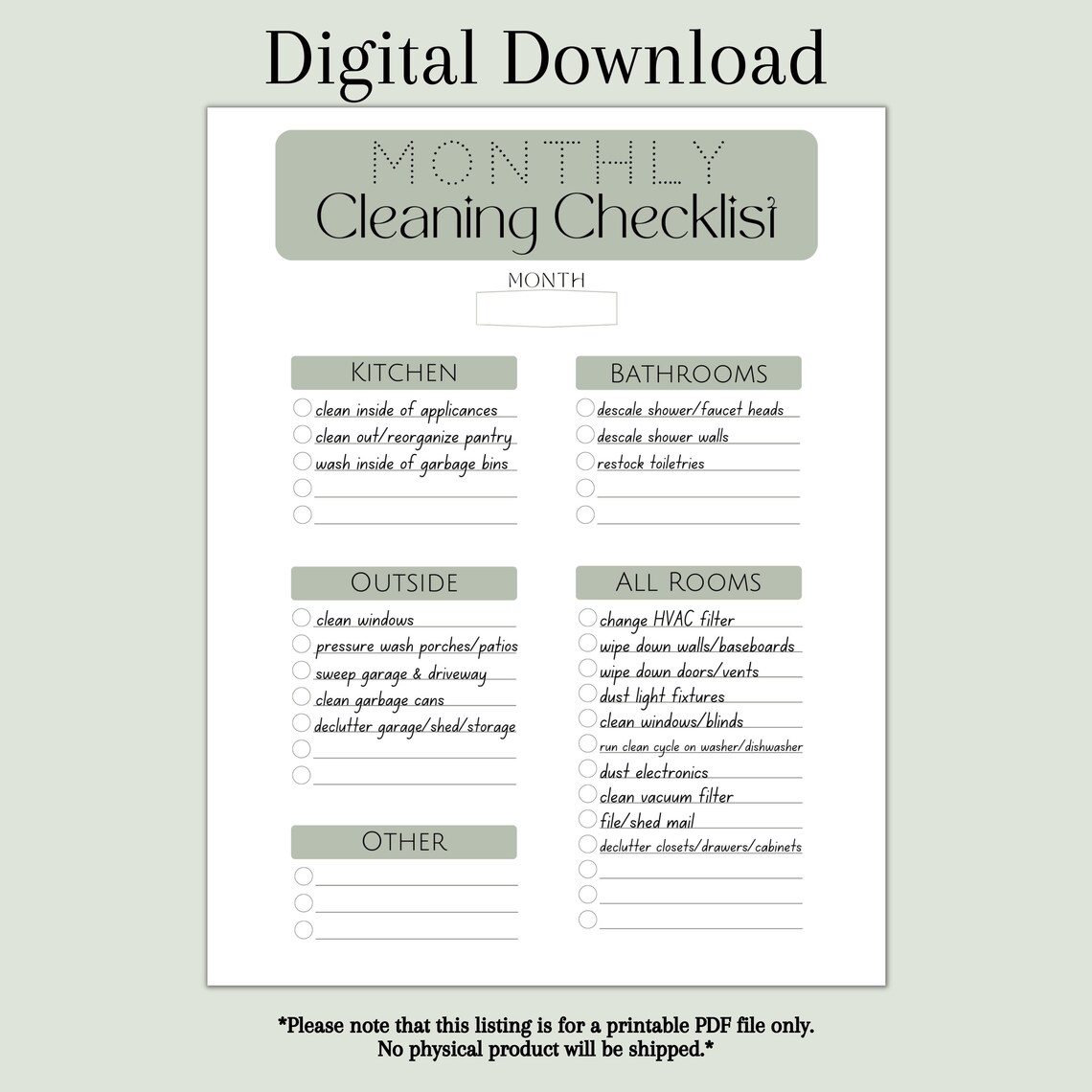 Printable Monthly Cleaning Checklist | Monthly Cleaning Schedule ...