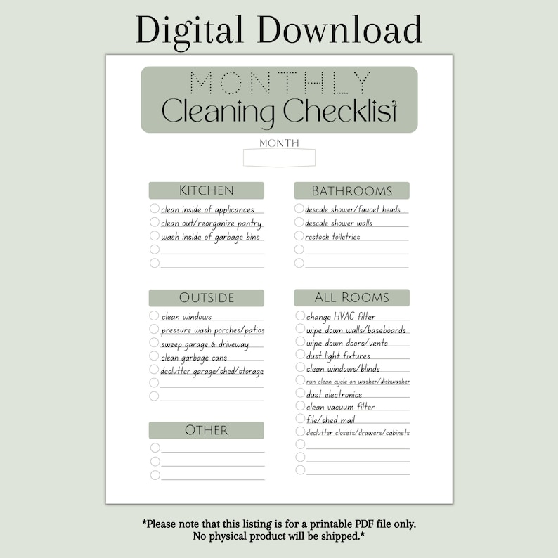Printable Monthly Cleaning Checklist | Monthly Cleaning Schedule ...