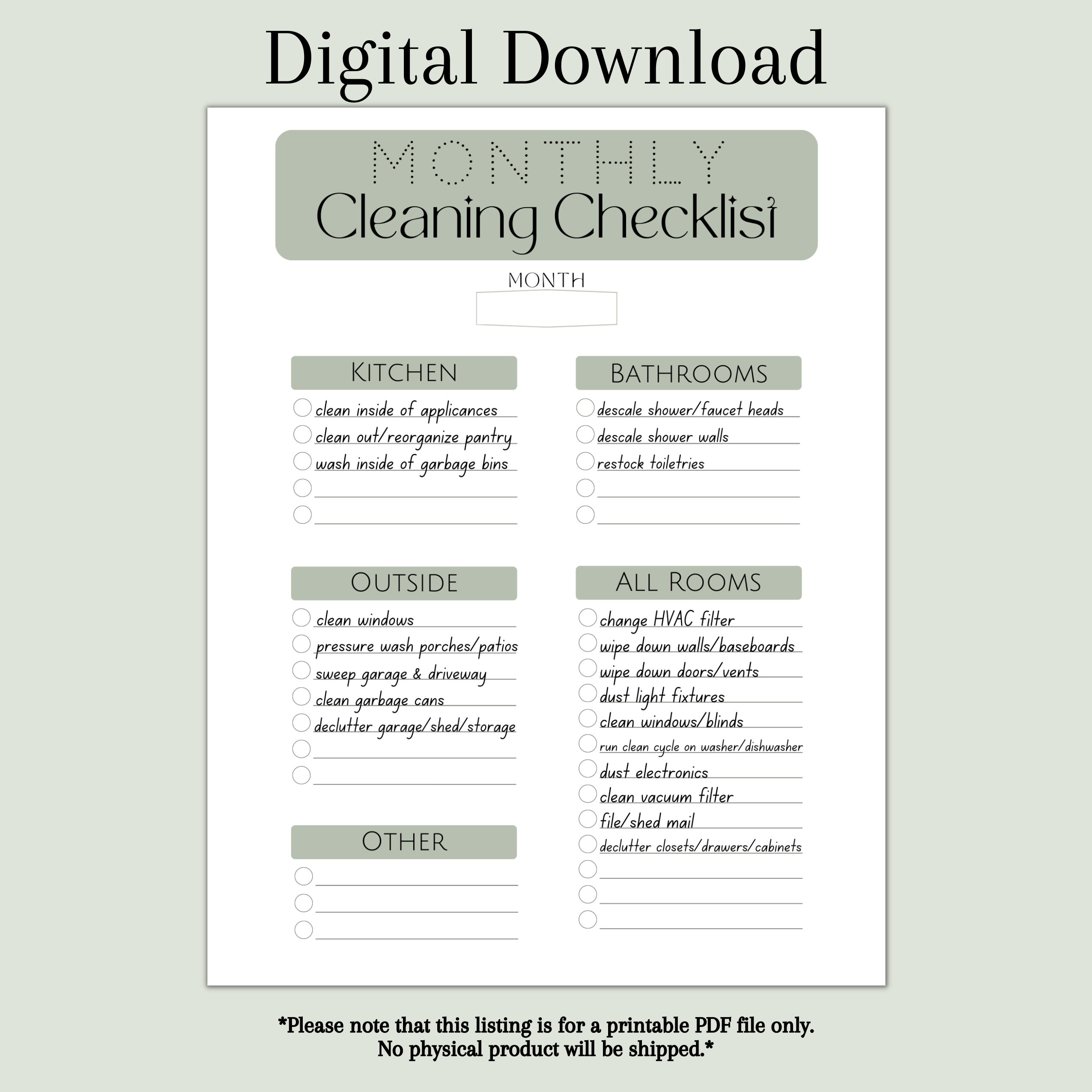 Printable Monthly Cleaning Checklist | Monthly Cleaning Schedule ...