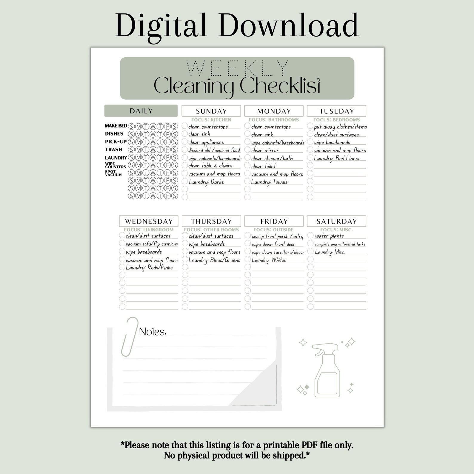 Printable Weekly Cleaning Checklist | Weekly Cleaning Schedule ...