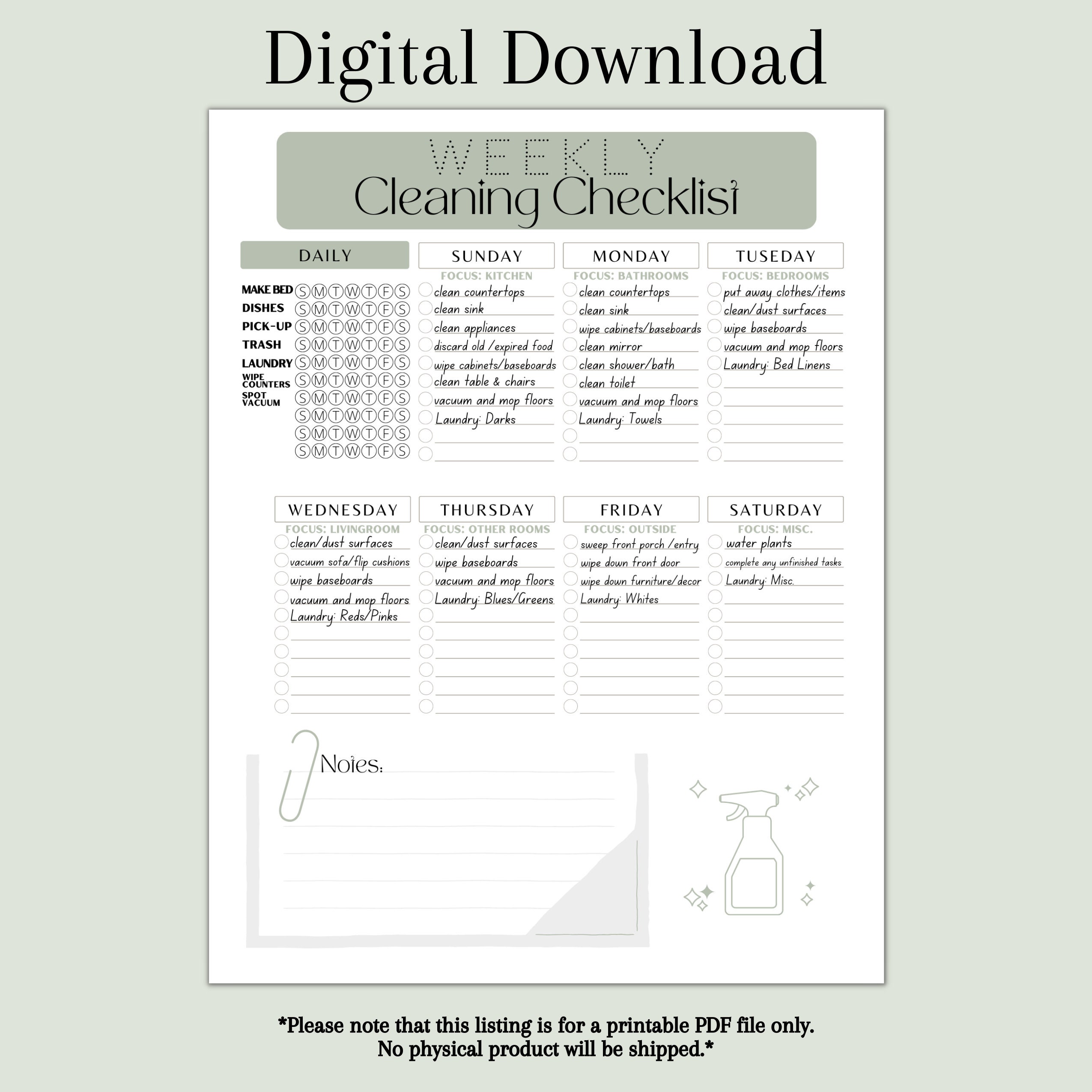 Printable Weekly Cleaning Checklist | Weekly Cleaning Schedule ...