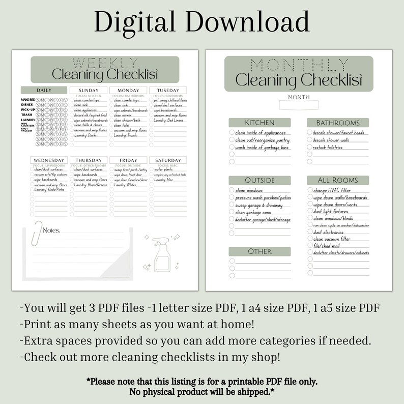 Printable Cleaning Checklist Bundle | Monthly & Weekly Cleaning ...